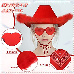 Handepo 3 Pcs Cowgirl Cowboy Hat Set Cowgirl Hat with Feathers Heart Shaped Sunglasses Bandana Accessories for Women Cowgirl(Red)