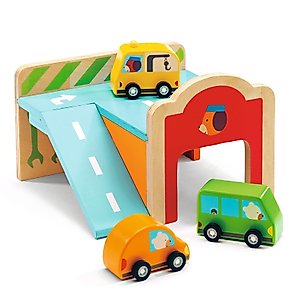 DJECO Early Learning Mini Garage - Cute Vehicle Toys for Toddlers - Fun & Creative Activity for Family & Friends - Wooden Automobile Set for Children 18+ Months Girls & Boys