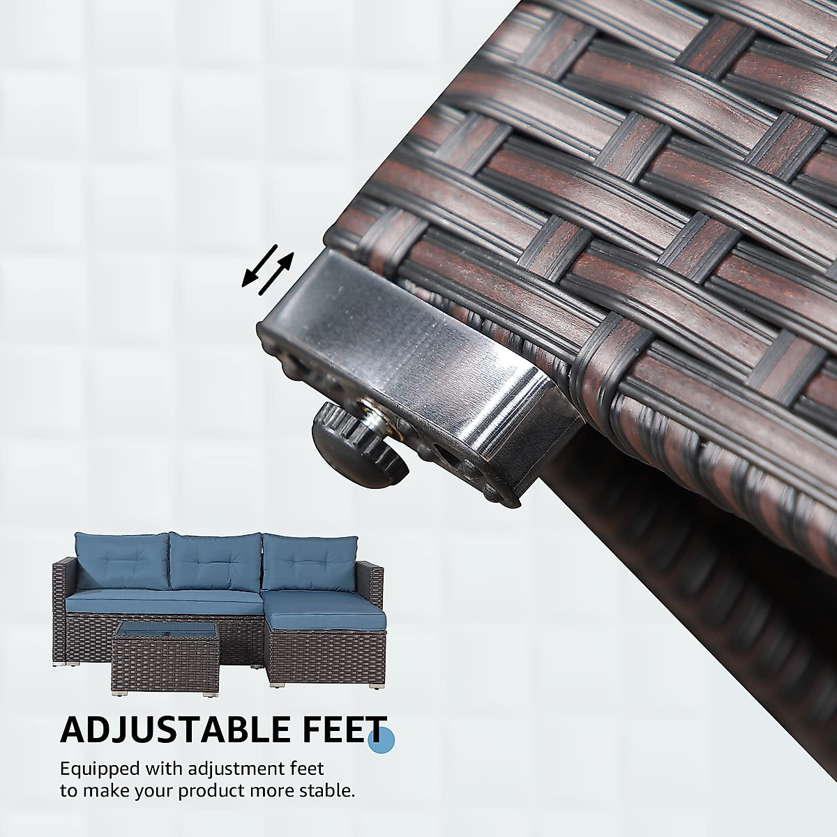 OC Orange-Casual Patio Furniture Set, All-Weather Outdoor Sectional Sofa Set, Wicker Lounge Couch with Glass Coffee Table for Deck Balcony Porch, Brown Rattan, Aegean Blue Cushion