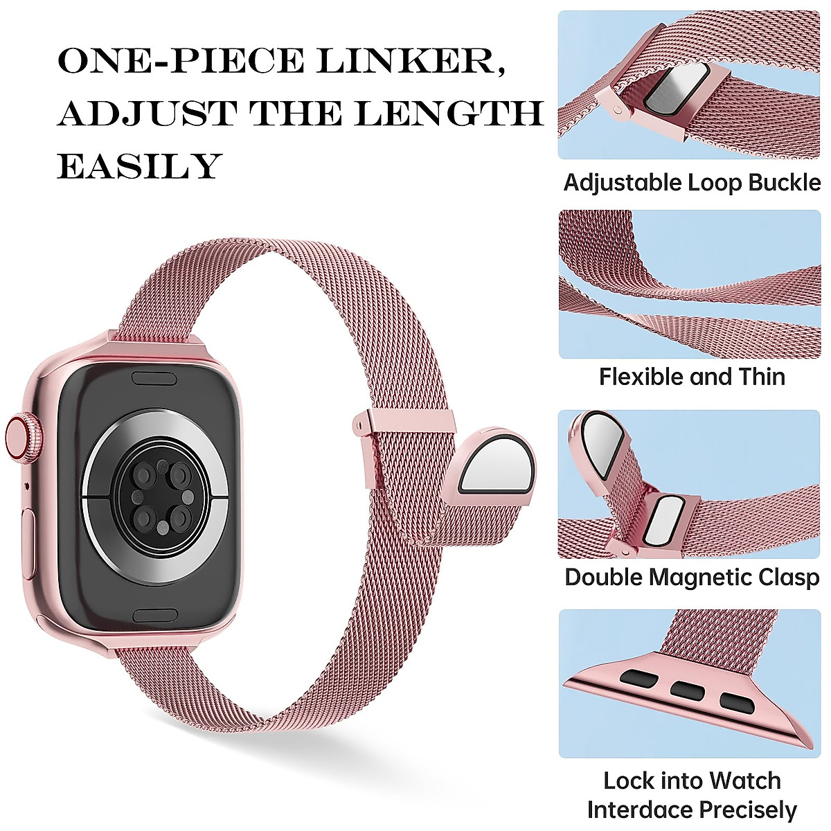 Slim Metal Band Compatible with Apple Watch Bands 38mm 40mm 41mm Women, Dual Magnetic Clasp Replacement Band for iWatch Ultra/Ultra 2 Series 9 8 7 6 5 4 3 2 1 SE, Women Watch Strap for iWatch