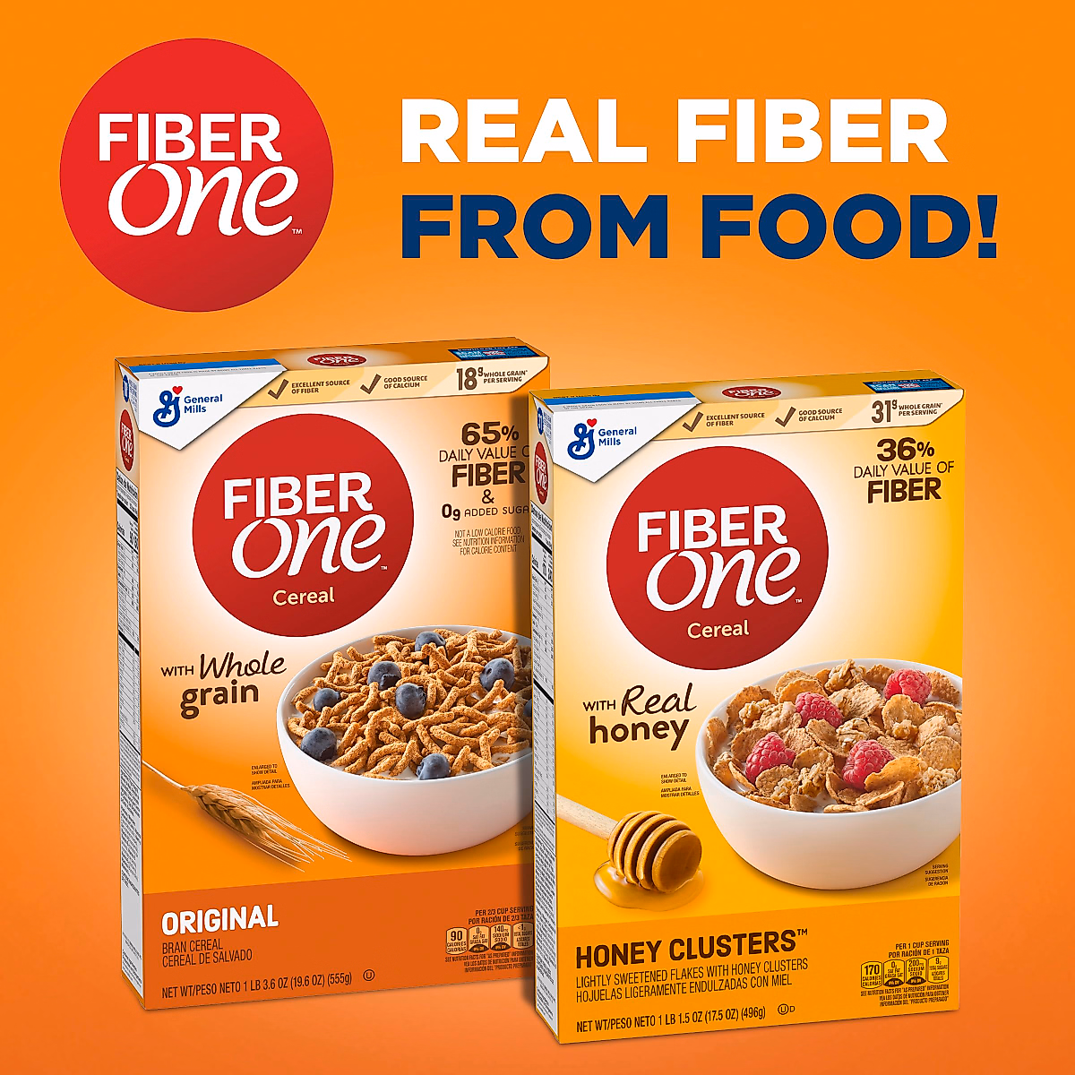 Fiber One Honey Clusters Breakfast Cereal, Fiber Cereal Made with Whole Grain, 17.5 oz