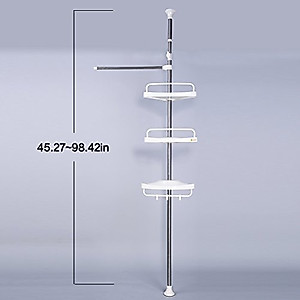 BAOYOUNI 3-Tier Shower Pole Caddy Tension Rod Bathroom Corner Shelf Bathtub Kitchen Countertop Spices Storage Rack Organizer with 1 Towel Bar, Ivory, 45.27-98.42 Inches