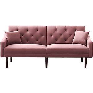 DNYN Convertible Sleeper Futon Sofa with 2 Pillows, Velvet Tufted Couch w/Metal Legs and Adjustable Backrest, for Apartment Office Small Space Living Room Furniture, Pink