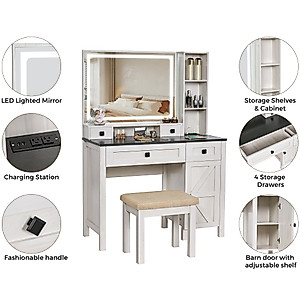 ANWBROAD Makeup Vanity Desk with Mirror and Lights Farmhouse Vanity Desk with Charging Station 3 Color Dimming Lights Storage Cabinet Cushioned Stool Vanity Table Set for Bedroom Antique White UBDT61W