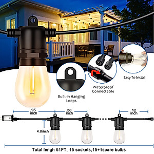 51FT LED Outdoor String Lights with Dimmer Remote, Edison Vintage Shatterproof Bulbs Commercial Grade Weatherproof, Heavy Duty Cafe Patio Lights