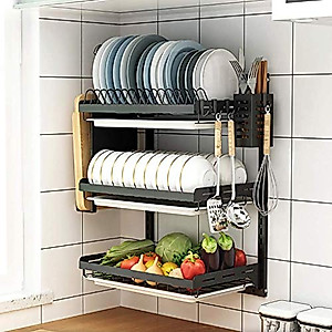 FEHUN Sinks,3-Layer Wall-Mounted Dish Drying Rack，Kitchen Rack,201 Stainless Steel Kitchen Dish Rack Drain Rack with Drain Tray