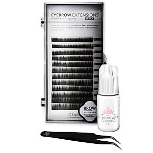 KC Republic Lash Eyebrow Extensions Kit with 1 x Trays of Mink False Eyebrows in Black Comes on Mixed Length Trays 5-8 mm, Eyebrow Glue Clear & Extension Tweezers (Black Eyebrow, Black Tweezer)