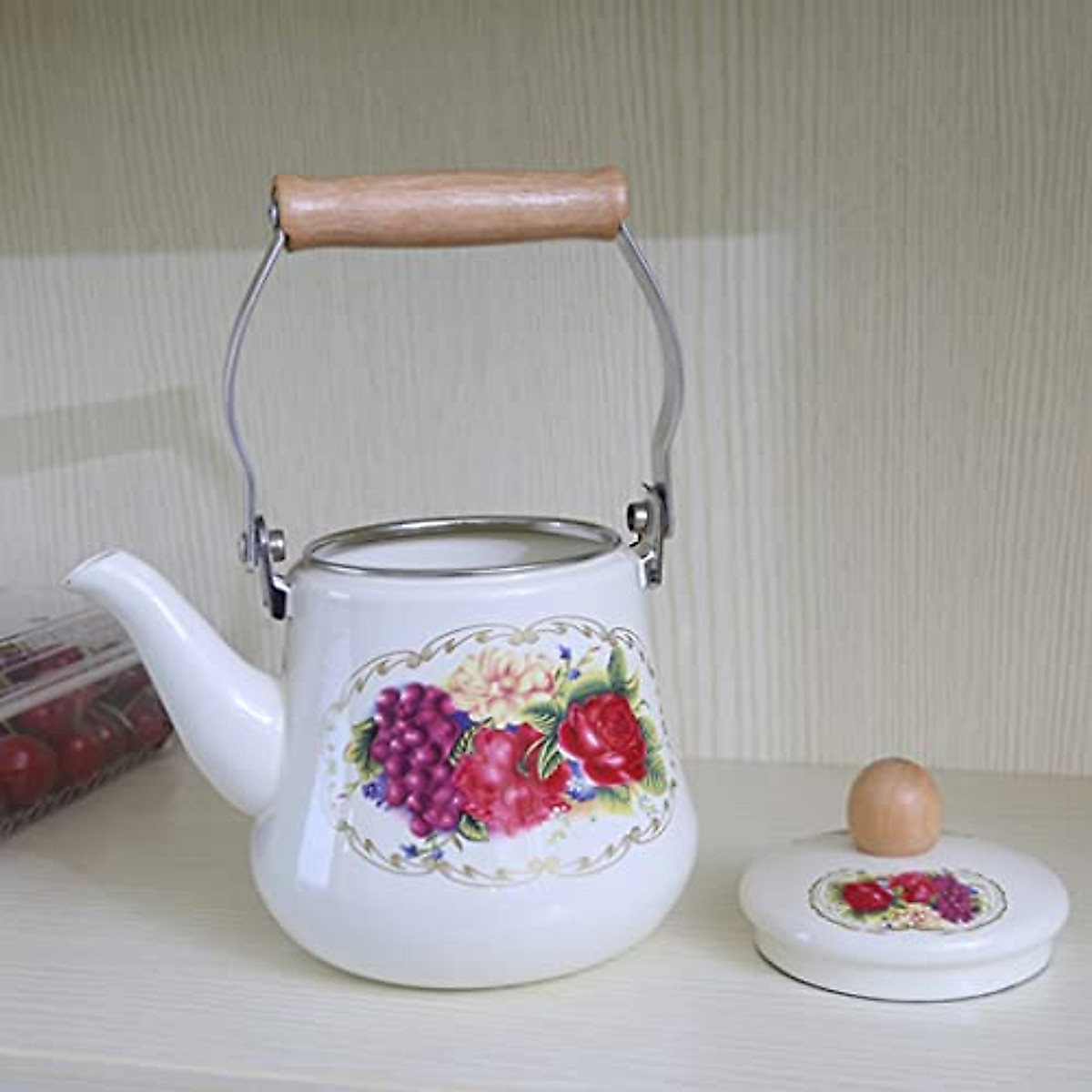 FURLOU Kettle for Stove top 1.5L/50.7OZ Enamel Kettle Thicken Retro Stovetop Induction Cooker Natural Gas Household Restaurant Wooden Handle Teapot Kitchen Supplies Teapots (Color : Red)