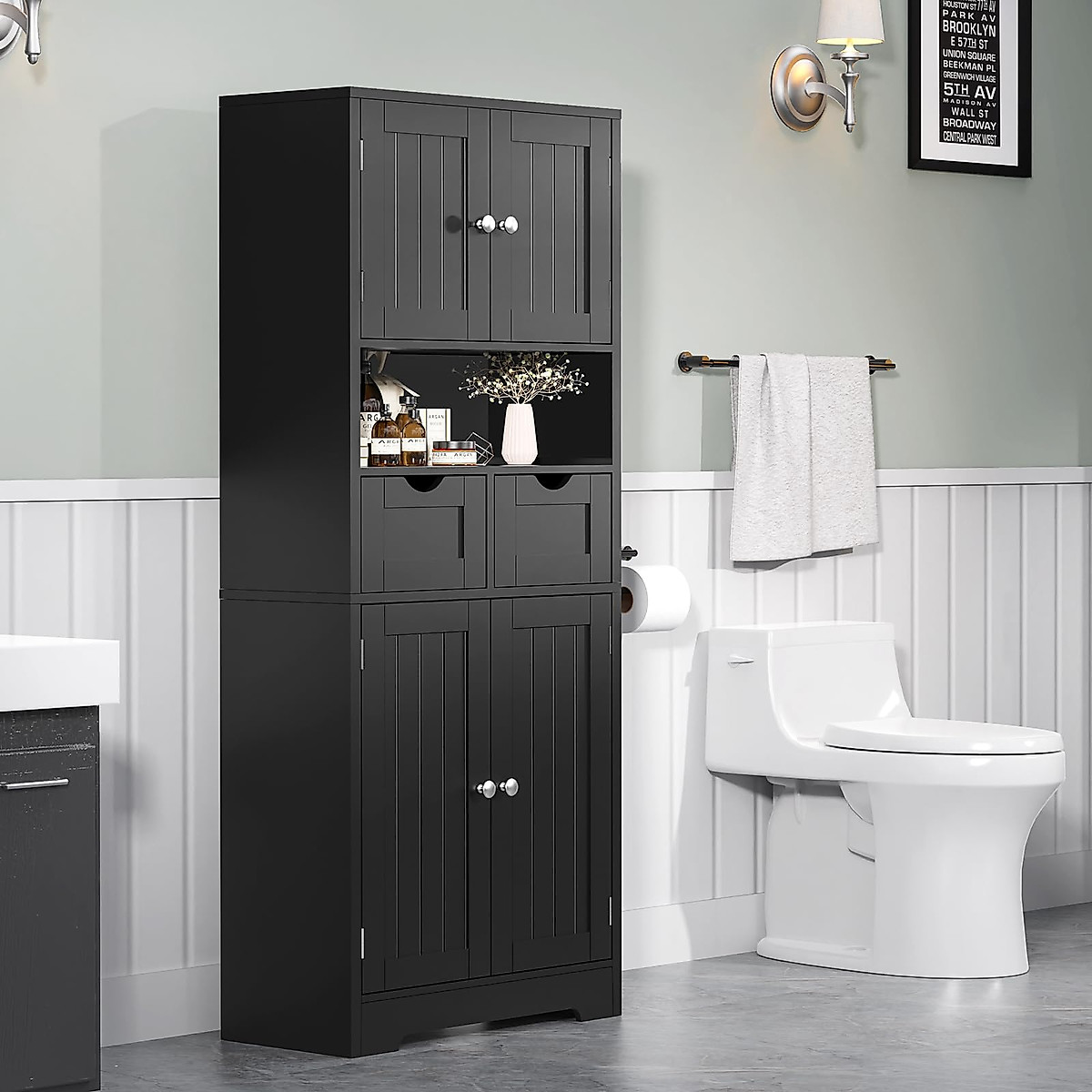 Quimoo Tall Storage Cabinet, Bathroom Cabinet with Drawers & Adjustable Shelves, Bathroom Storage Cabinet for Living Room, Kitchen, Black