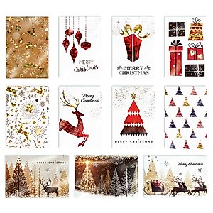 Christmas Holiday Greeting Cards with Gold and Metallic Foil, 100 Pack, 4 x 6 inch, 11 Assorted Designs with 3-D Prism Effect, Blank Inside,by Better Office Products,with Envelopes,100 Christmas Cards