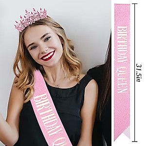 Bolonar Pink Crystal Birthday Crown for Women Birthday Queen Tiara with Combs Glitter Birthday Sash Happy Birthday Party Decorations Birthday Gifts