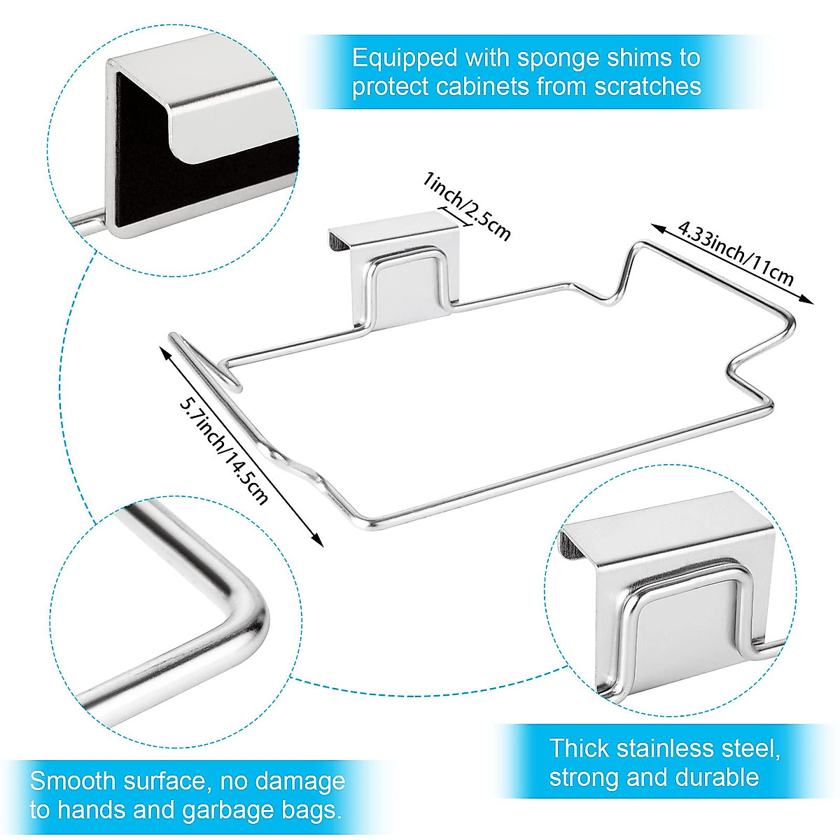 4 PCS Stainless Steel Trash Bag Holder for Kitchen Cabinet Door Cupboards, Under Sink Hanging Garbage Bag Holder, Metal Over Cabinet Door Trash Bag Holder for Kitchen RV Camper (Silver)