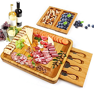 Bamboo Cheese Board and Knife Set,Cheese Servers with Hidden Drawer,Charcuterie Platter and Cheese Serving Tray for Wine, Crackers,Brie and Meat