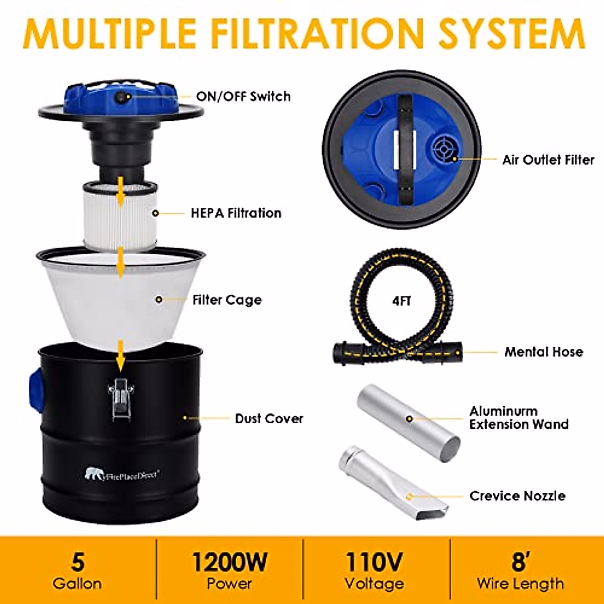 MYFIREPLACEDIRECT 1200W Ash Vacuum 5 Gallon Ash Vacuum Cleaner Collector Bucket with Blow Function for Pellet Stoves, Wood Stoves, Fireplaces, BBQ Grills, Fire Pits