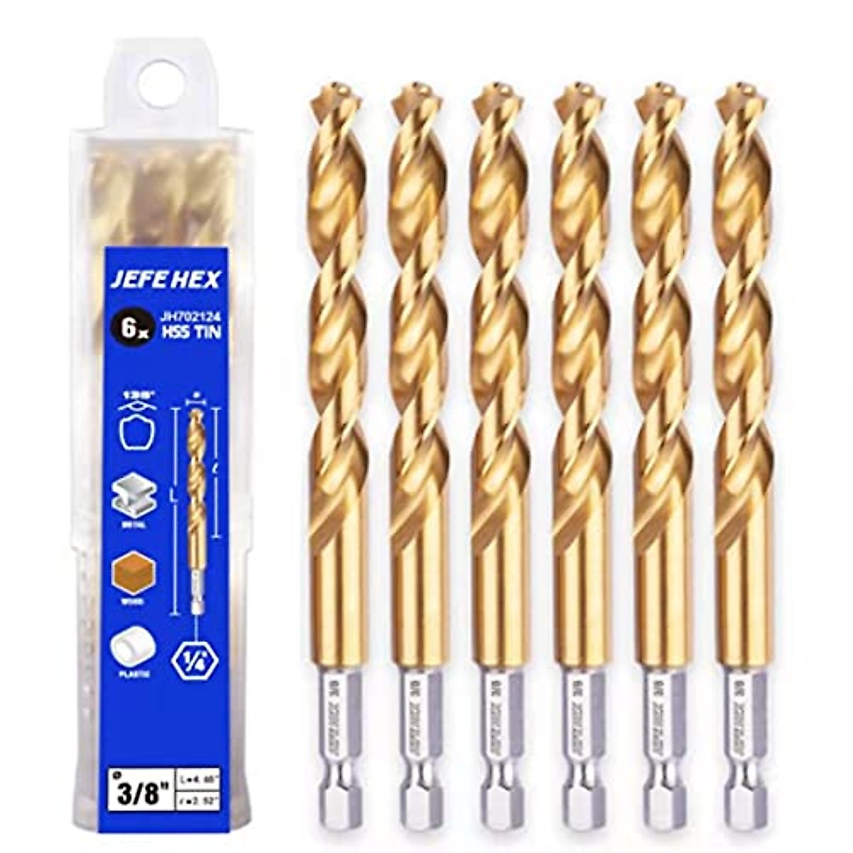 JEFE HEX 3/8" Inch Hex Shank with Titanium Coating Twist Drill Bits, 135 Degree Easy Cut Split Point Drill Bits (Pack of 6)