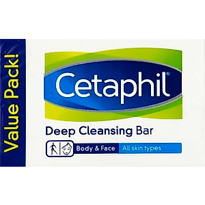 Cetaphil Bar Soap, Deep Cleansing Face and Body Bar, Pack of 3, For Dry to Normal, Sensitive Skin, Soap Free, Hypoallergenic, Paraben Free, Removes Makeup, Dirt and Oil