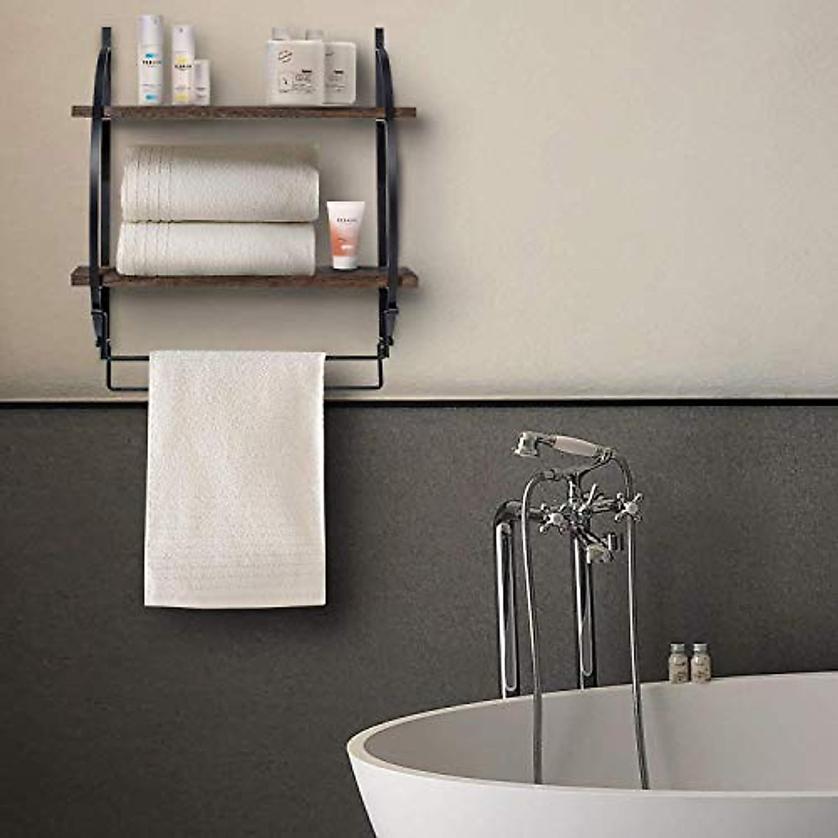 Y&ME 2 Tier Floating Bathroom Shelves with Towel Rack, Bathroom Shelves Over Toilet,White Bathroom Shelf Wall Mounted,Bathroom Towel Storage with Towel Rods for Household Decor