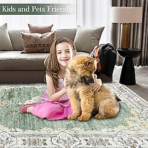 GarveeHome Rugs for Living Room 9x12 Washable Soft Rug Vintage Rugs Non Slip Distressed Rug Low Pile Thin Rug Stain Resistant Accent Throw Rug for Bedroom, Green