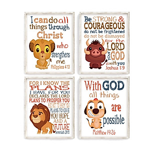 Lion King Christian Nursery Decor Set of 4 Unframed Prints Mufasa, Pumba, Simba and Timon with Bible Verses