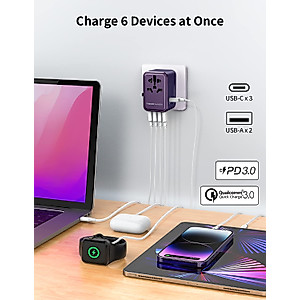 MOMAX Universal Travel Adapter, 70W GaN Travel Plug Adapter with UK,EU,AU,US Plugs, 3USB-C PD & 2USB-A QC International Adapter Charger, International Adapter for Laptops Phones Vision Pro, Purple