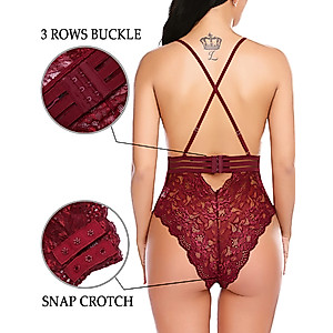 Avidlove Women Teddy Lingerie Snap Crotch Lingerie One Piece Lace Babydoll Mini Bodysuit Wine Red 4X-Large