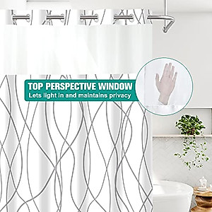 LXBNI No Hook Grey White Striped Shower Curtain with Snap in Fabric Liner Set - Hotel Shower Curtain and Liner Set with See Through Mesh Top Window,Machine Washable, 71x74 INCH