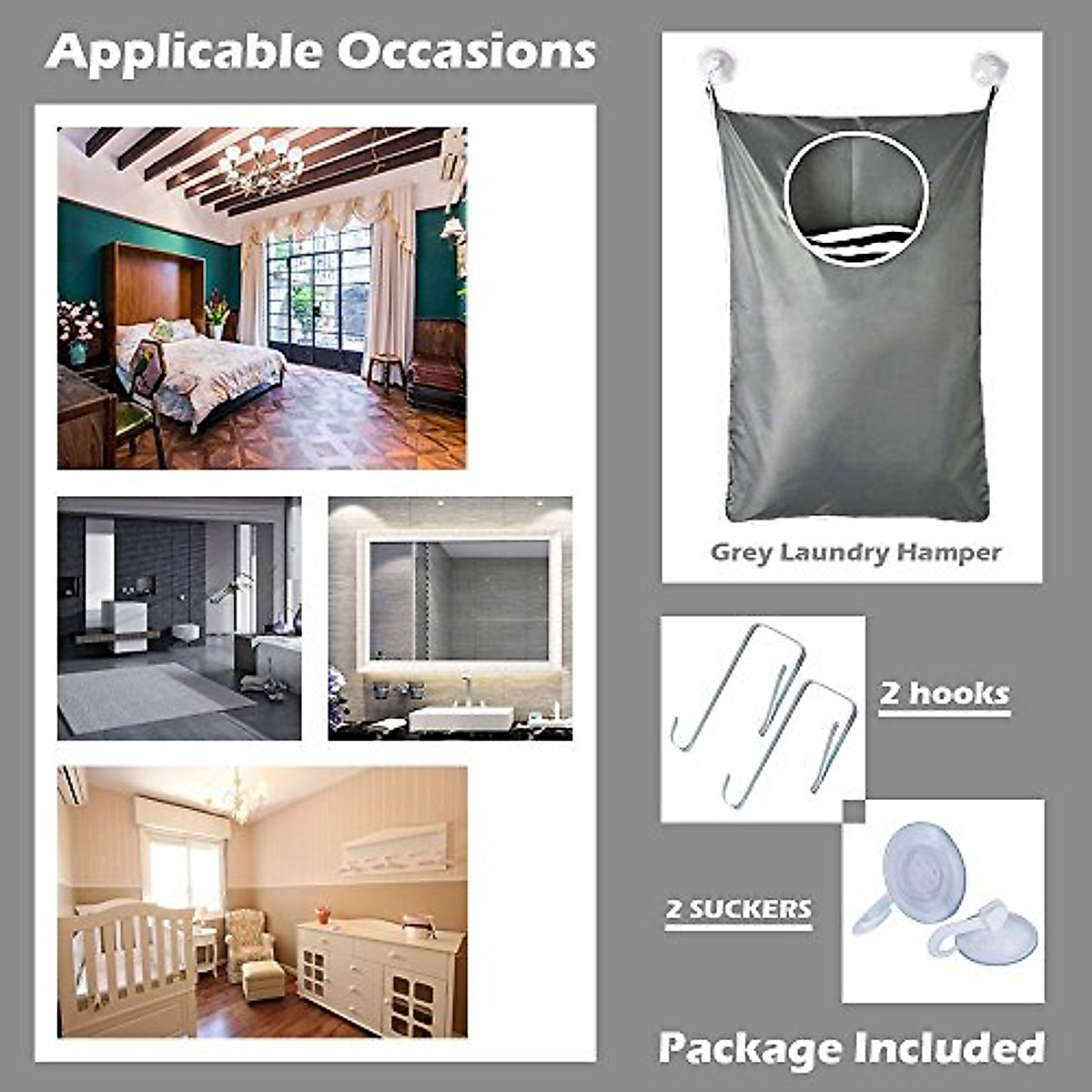 CYGQ Large Capacity Hanging Laundry Hamper Bag, Canvas Organizer Hanging Clothes Basket with Door Hooks & Strong Suction Cups for Bathroom (Grey)