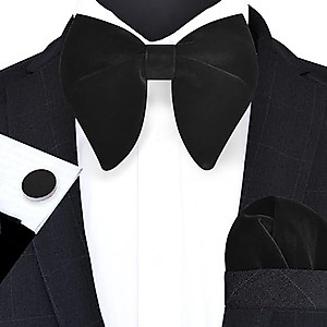 GUSLESON Solid Black Bow Ties For Men Velvet Pre-tied Bowtie and Pocket Square Cufflink Sets Adult Gifts (0571-18)