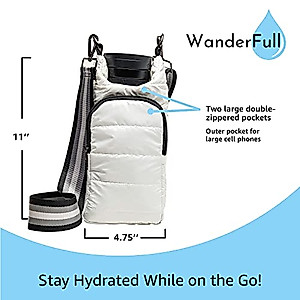 WanderFull Crossbody HydroBag - Water Bottle Holder - Quilted Bottle Bag - Water Bottle Carrier with Strap - Stylish Puffer Tote for Water Bottle (White Glossy with Interchangeable Strap)