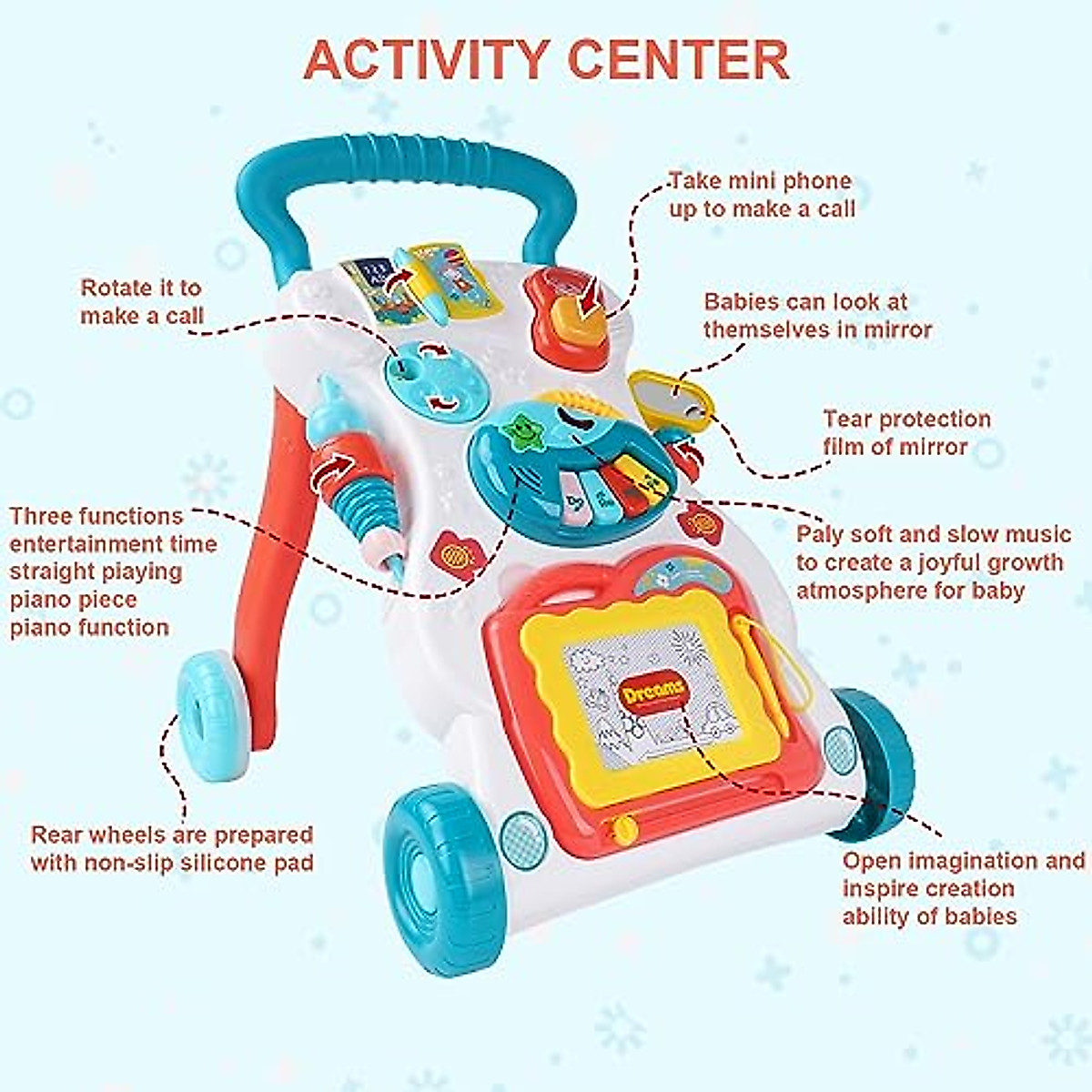 Hiitytin Sit-to-Stand Learning Walker, Baby Push Walkers and Activity Center, Walker Push Toy with Wheels for Babies 6-12 Months, Baby Walking & Music Learning Toy Gift for Infant Boy Girl 1-3