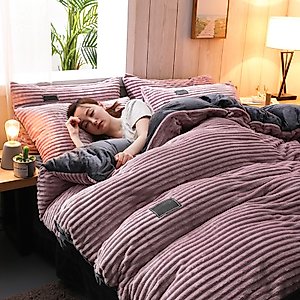 SUZEPER Solid Color Soft Velvet Duvet Cover Set, Thick Fluffy Bedding Set, Breathable Warm Quilt Covers with Sheet Pillowcase for Bedroom Luxury Guestroom Decor(Single, PinkA)