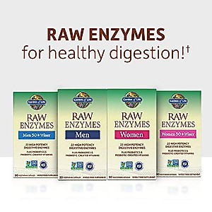 Garden of Life 22 Digestive Enzymes for Women 50 & Over with Bromelain, Papain & Lactase Plus Probiotics & Vitamins B12, Biotin & Zinc – RAW Enzymes – Non-GMO, Gluten-Free, Vegetarian, 90 Capsules