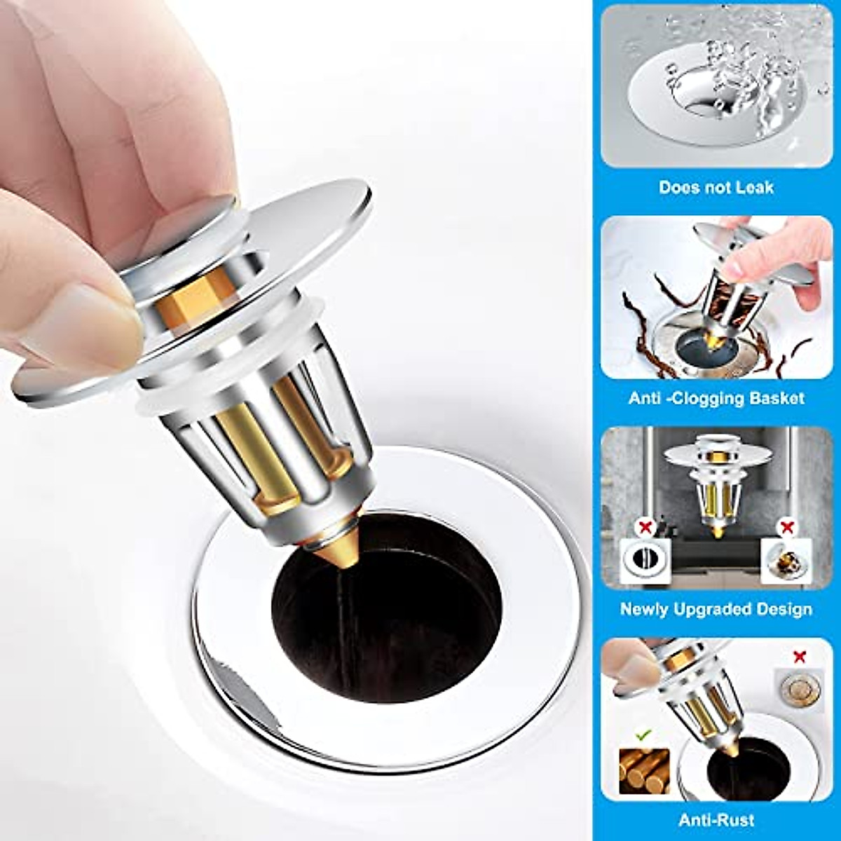 Bathroom Pop Up Sink Drain Stopper Wash Basin Strainer with Basket, Won't Spill, with Hair Catcher Ideal for Bathroom Kitchen Sinks Universal 1.08~1.96 Inch Drain Holes