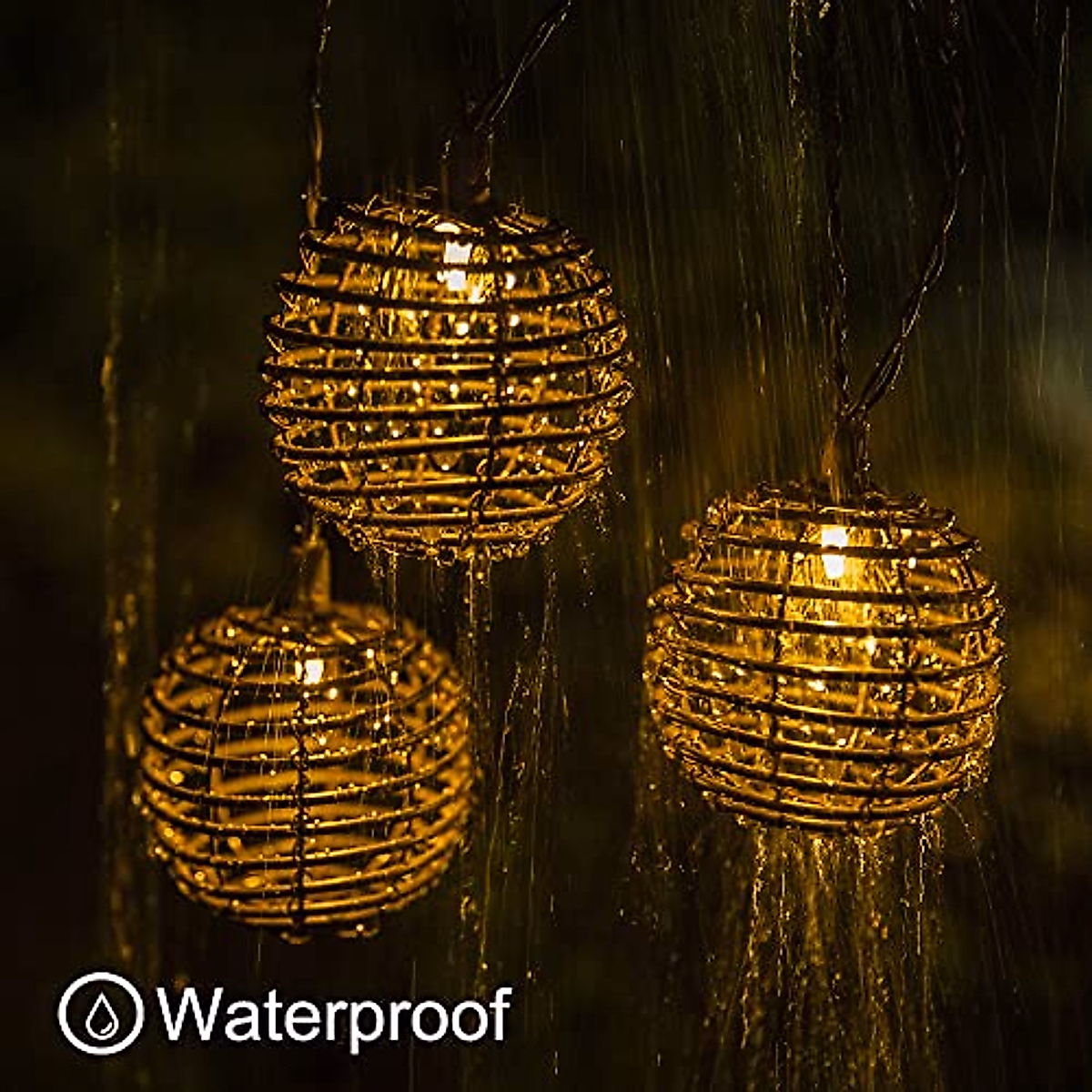 ALL FORTUNE Outdoor Solar Decorative String Lights, 10 LED Warm White Patio Umbrella Lights with Brown Wire Plastic Rattan Balls, for Patio Porch Gazebo Yard Garden Backyard Decor