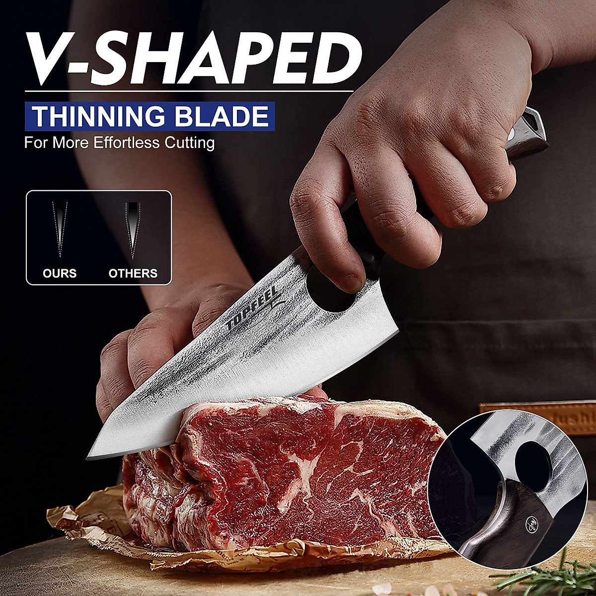 Topfeel 3PCS Butcher Knife Set Hand Forged chef knife Boning Knife, High Carbon Steel Meat Cutting Knife for Kitchen Camping BBQ…