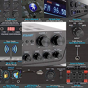 Pyle 500W Karaoke Wireless Bluetooth Amplifier - 4 Channel Stereo Audio Home Theater Speaker Sound Power Receiver with AUX IN, FM, RCA Subwoofer Speakers OUT, USB, Microphone IN with Echo - PTA44BT