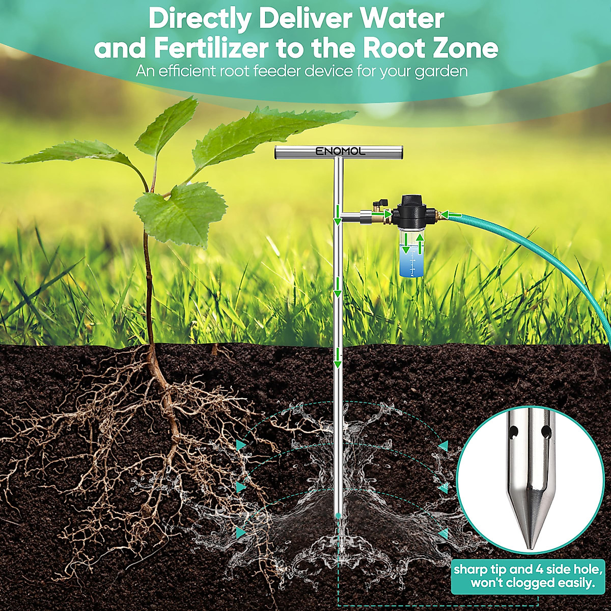 Stainless Steel Deep Root Tree Watering Tool,Root Feeder with Fertilizer Bottle Watering Wand Irrigation System Watering Stake,for Trees Bushes Shrubs Fruit Trees with Brass Valve T-Handle