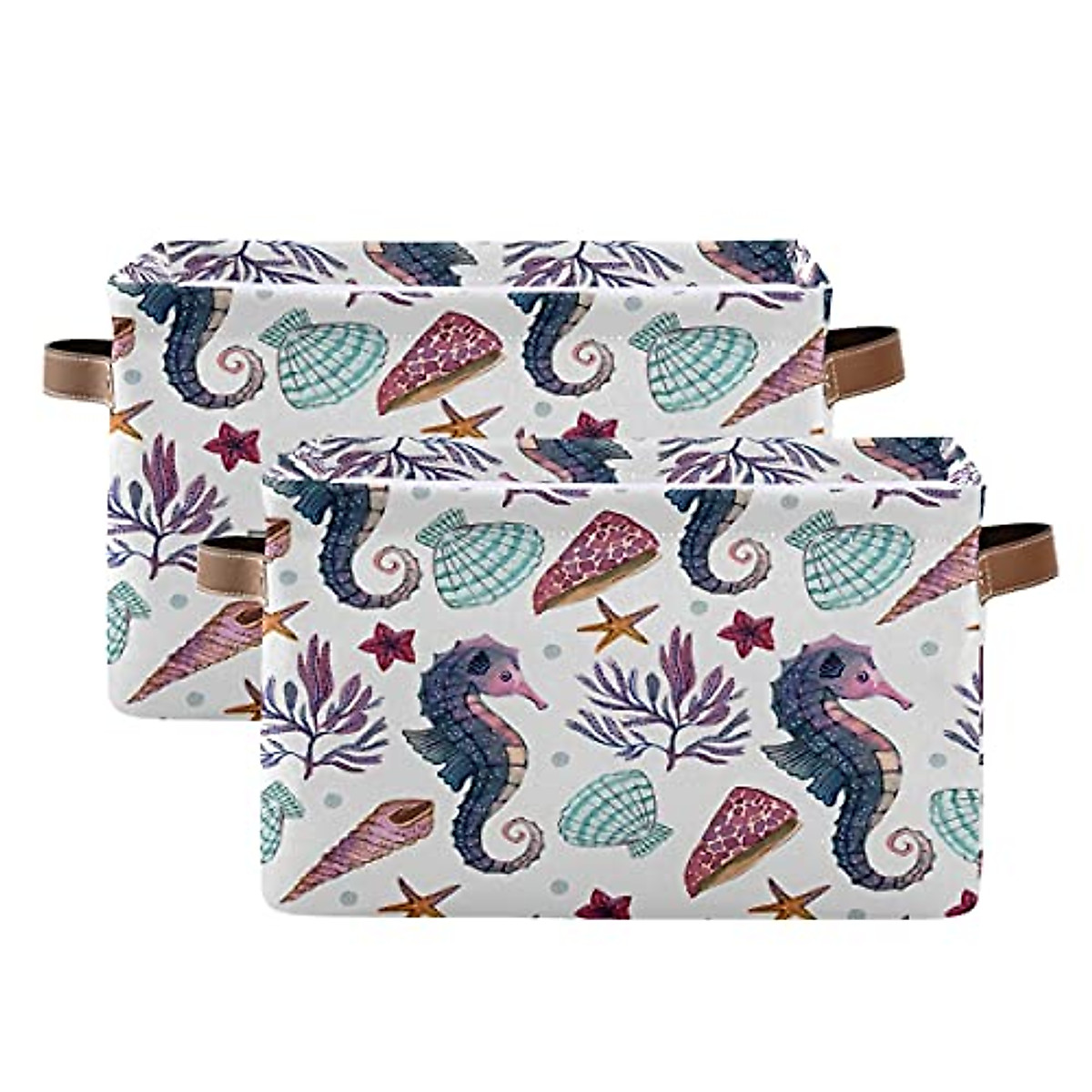 AUUXVA Ocean Starfish Seahorse Shell Storage Bins Basket, Nautical Sea Life Theme Collapsible Storage Cube Rectangle Storage Box with Handles for Shelf Closet Nursery Bedroom Home Office 1 Pack