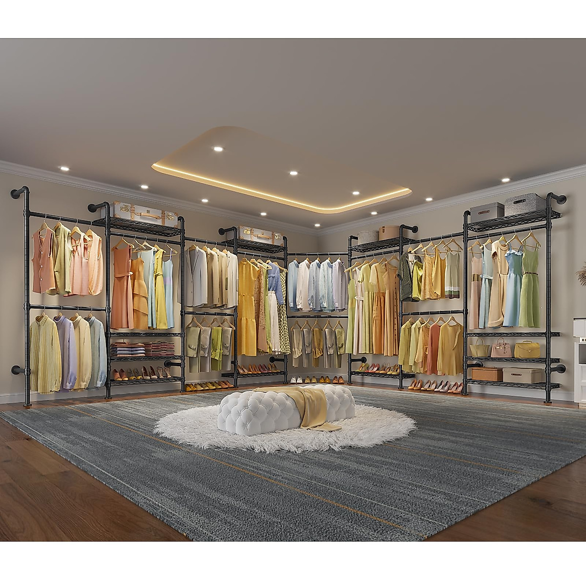 Timate F4 Wall Mounted Clothes Rack Industrial Pipe Clothing Rack for Hanging Clothes, Expandable Garment Rack Heavy Duty Wardrobe Closet Organizer and Storage, Black Adjustable Industrial Closet Kit