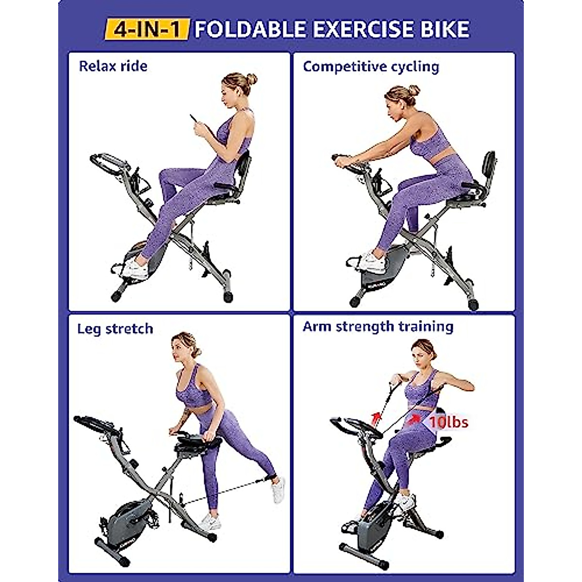 KURONO Stationary Exercise Bike for Home Workout | 4 IN 1 Foldable Indoor Cycling Bike for Seniors | 330LB Capacity, 16-Level Magnetic Resistance, Seat Backrest Adjustments