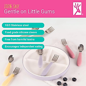 Elk and Friends Kids Silverware with Silicone Handle | Childrens Safe Flatware | Toddler Utensils | Baby Spoons + Forks | Stainless Steel Cutlery