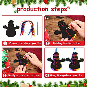 72 Pieces Christmas Scratch Ornaments Scratch Art Ornaments Scratch Paper Craft Hanging Craft Art Kits with Wooden Stick and Rope for Kids Christmas Party Decorations