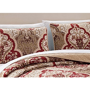 Kids Zone Home Linen Bedspread Set Damask Pattern Taupe Burgundy Brown New (King/California King)