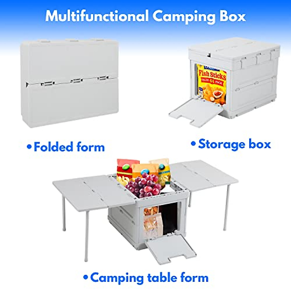 Kirumie Camping Folding Table with Storage Camping Box, Folding Storage Box with Lid, Chuck Box, Camping Storage Box Portable Compartment for Camping, Fishing, Home Party, Picnic, Indoor, 24L, Grey