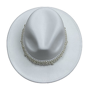 Qkrlamx Black Fedora Hats for Women Wool Panama Hat with Pearl Band Wide Brim Felt Hat Classic Trilby Hat White