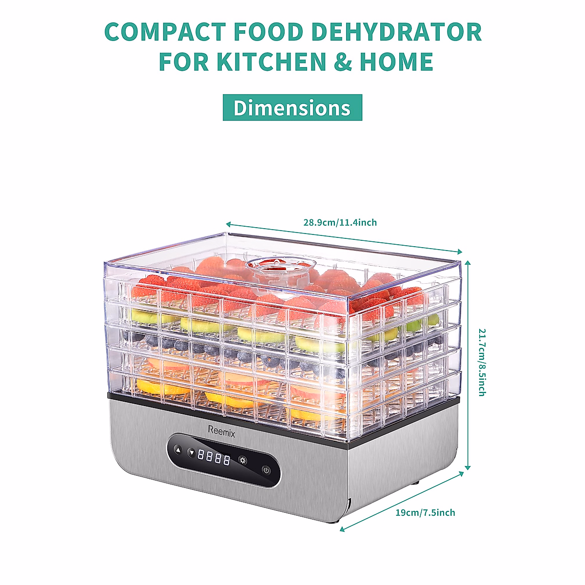 Reemix Food Dehydrator Machine, Compact Dehydrators for Food and Jerky, Fruits, Veggies, 500W Dehydrated Dryer with Temperature Control, 5 BPA-Free Trays Dishwasher Safe, Silver