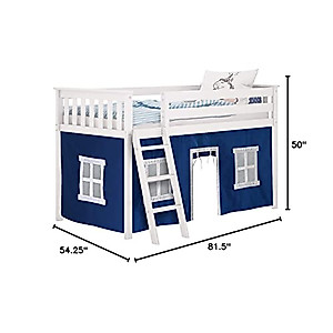 Max & Lily Low Loft Bed, Twin Bed Frame For Kids With Curtains For Bottom, White/Blue