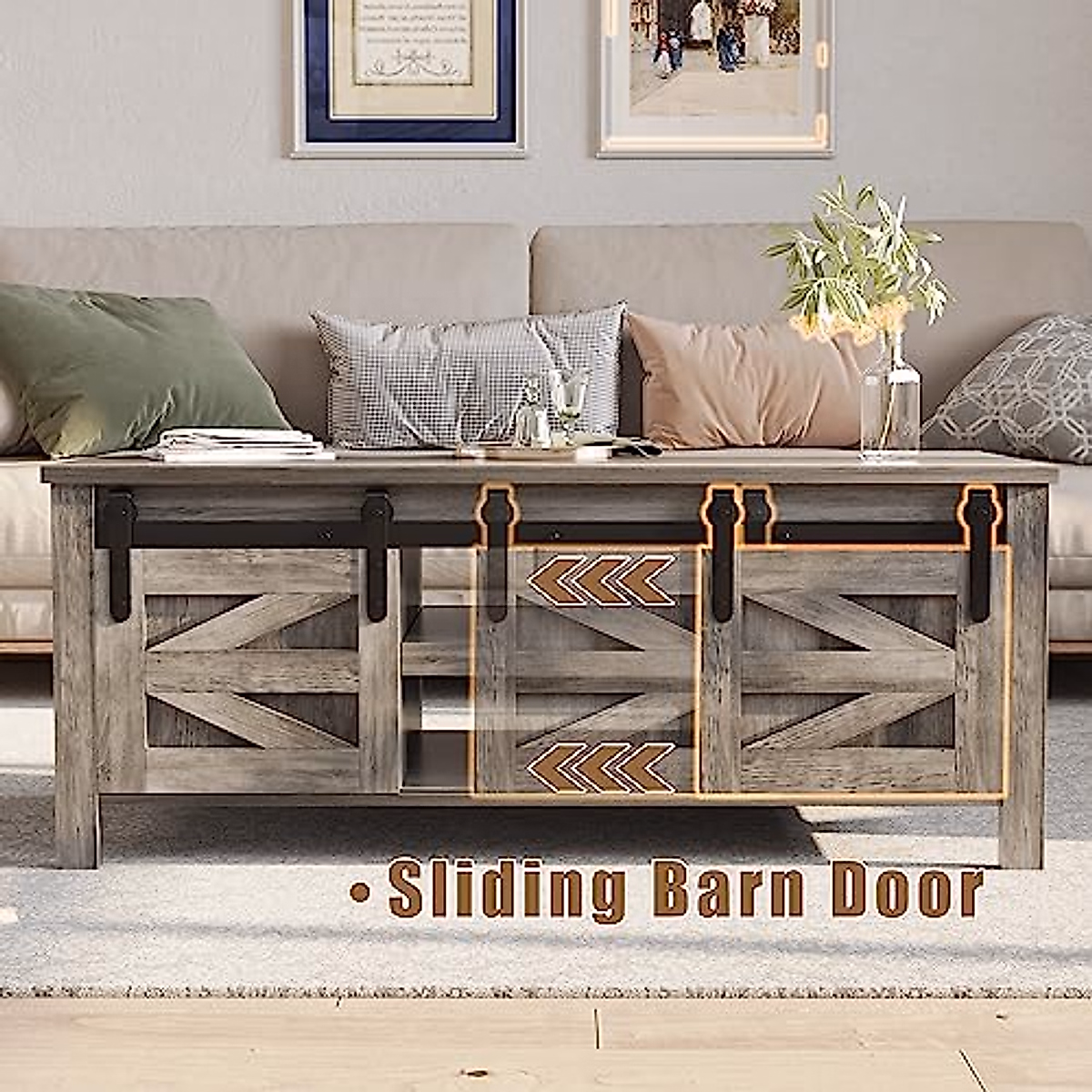 Furmax Coffee Table with Storage and Sliding Barn Doors, Farmhouse Living Room Table with Adjustable Shelves, Wood Rustic Center Table for Home Living Meeting Room (Light Rustic Oak)