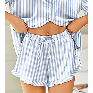 HOTOUCH Womens Satin Button Down Short Sleeve Pink Striped Pajamas Sleepwear Set Blue Striped, Large