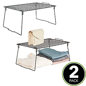 mDesign Farmhouse Metal Stackable Storage Shelf - Closet, Cabinet, Countertop 2-Tier Raised Organizer - for Bedrooms, Bathrooms, Entryways, Hallways - 17" x 12" x 8", 2 Pack - Graphite Gray